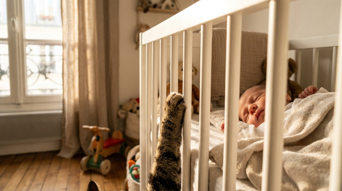 Le matou glisse sa patte entre les barreaux du lit pour bébé : 303K ...